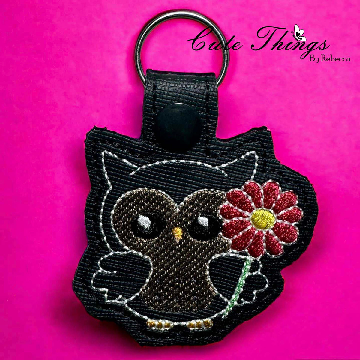 Cute Owl With Flower Snap Tab – Cute Things By Rebecca Embroidery